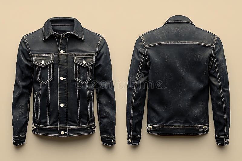 Dark Denim Jacket, White Stitching, Front and Back View on a Neutral ...