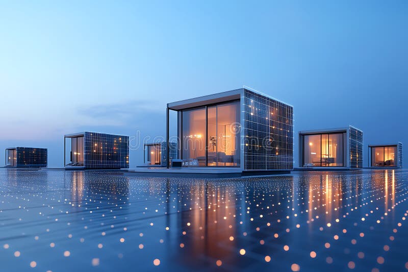 Contemporary Cubical Buildings Solar Panels, Glass Walls, Evening ...