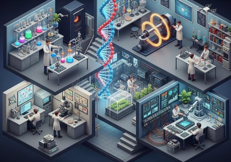 Features Multi-level Rooms with Scientists Conducting Various Stock Illustration - Illustration ...