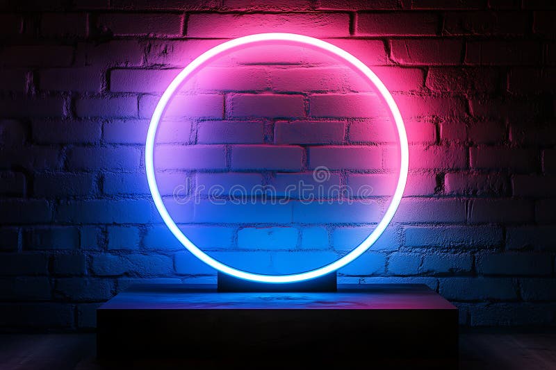 Neon Pink Blue Glowing Circle on Black Brick Wall with Stand Still Life ...