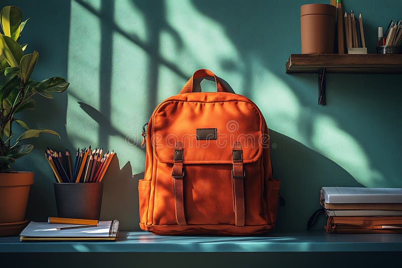 Stylish Orange Backpack on Table Near Pencils, Notebook, Books and ...