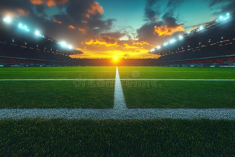 Brightly Lit Stadium, Green Field, Sunset Sky, Dramatic Clouds, Empty ...
