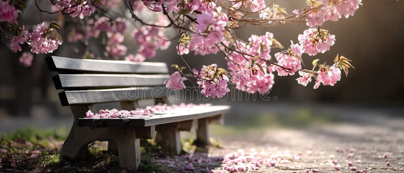 Serene Park Bench with Sakura Blossoms in Spring Sunlight, Nature S ...