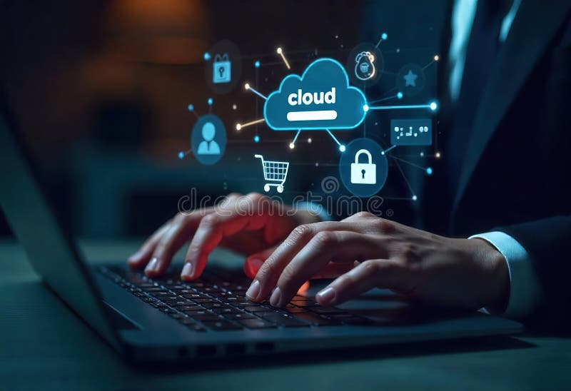 Person Typing on Laptop with Cloud Computing Interface Overlaid, Modern ...