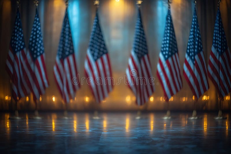 Row of American Flags Displayed with Reflective Floor and Bokeh ...