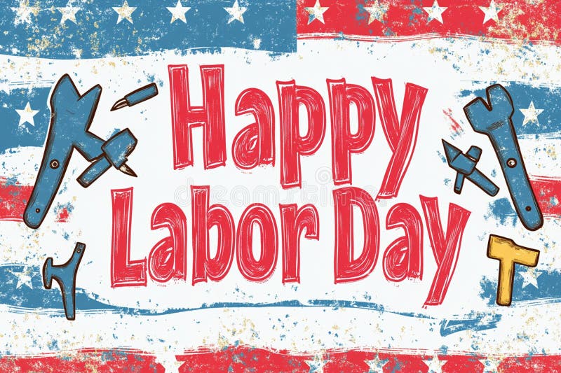 Patriotic Backdrop with Hand Tools, USA Flag, Red Lettering, Labor Day ...