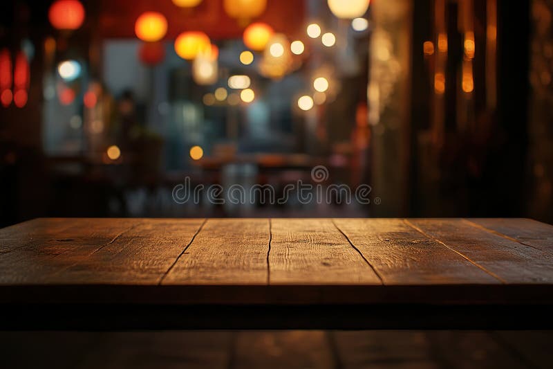 Rustic Wood Tabletop & Blurred Asian Restaurant Backdrop with Red ...