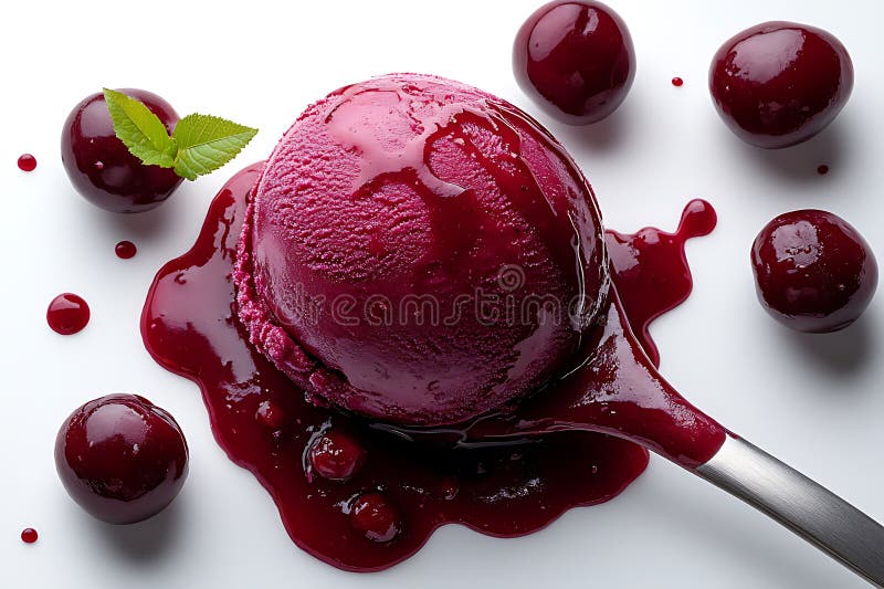 Scoop of Ruby Red Ice Cream with Cherry Sauce, Plums, and a Fresh Mint ...