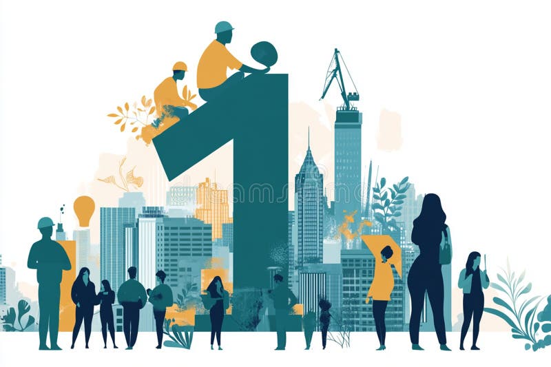 Diverse Group Silhouette, Number One, Cityscape, Workers, Buildings ...