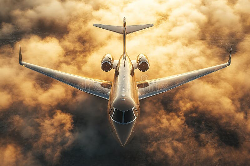 Sleek Silver Private Jet Flying Amidst Golden Clouds, Aerial ...