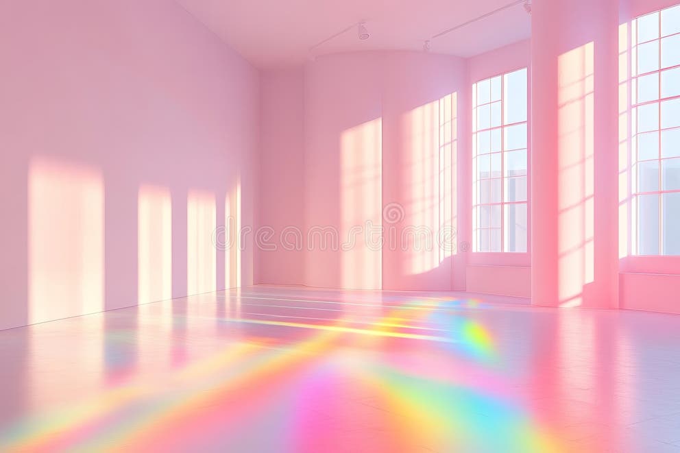 Pastel Pink Room Interior with Large Windows and Refracted Rainbow ...