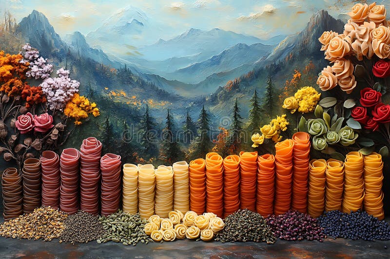 Colorful Pasta Artistry with Seed Assortment and Oil Painting Mountain ...
