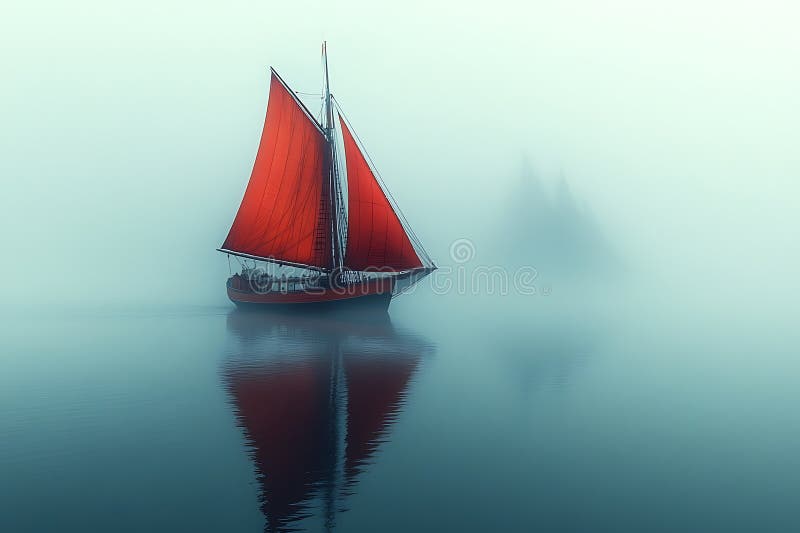 Red Sailboat Sailing in Foggy Waters with Reflection and Dimly Visible ...