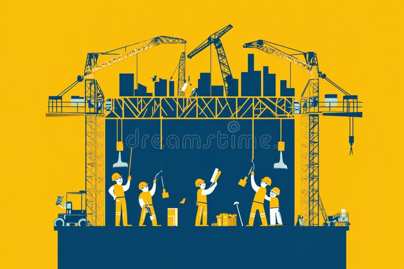 Stylized Construction Site with Workers, Cranes, and Building ...