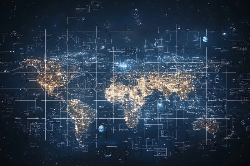 World Map Circuitry, Blue Background, Starry Night Sky, Futuristic Grid ...