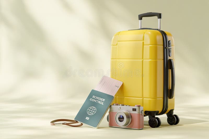 Yellow Suitcase with Passport, Ticket and Camera on Beige Background ...