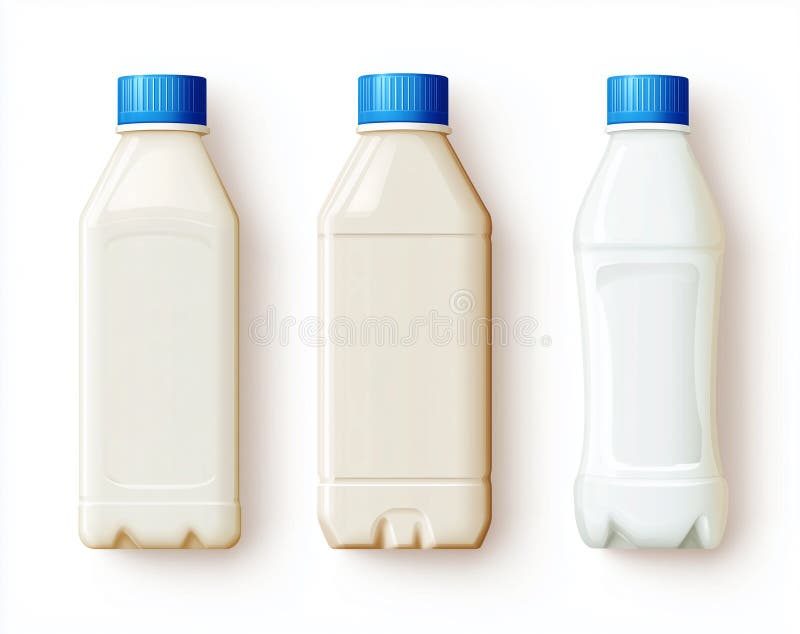 Milk Bottles Trio Realistic Style, Blue Caps, Dairy Products, White ...