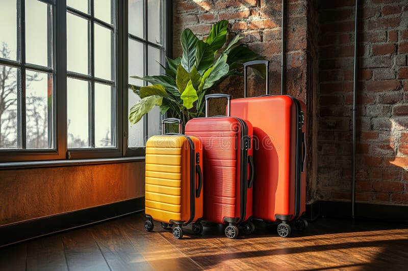 Three Luggage Cases, Yellow, Red, Different Sizes, Interior Setting ...