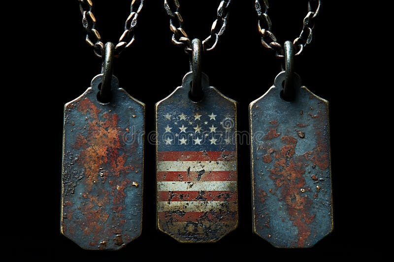 Three Rusty Metal Dog Tags Hanging from Chains on Black Background ...
