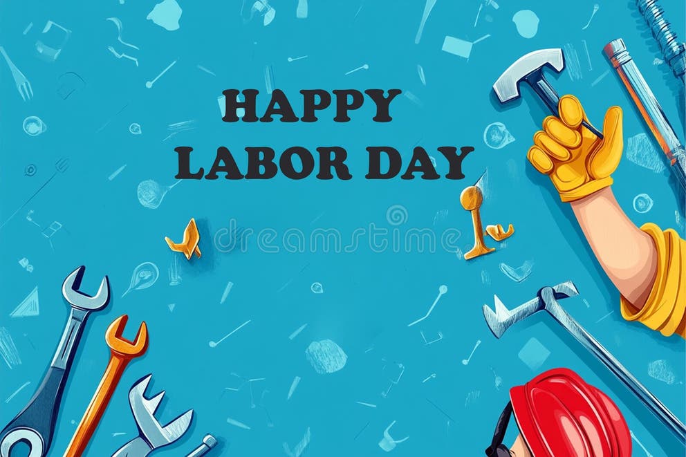Construction Hand Tools Cartoon with Text Happy Labor Day on Blue ...