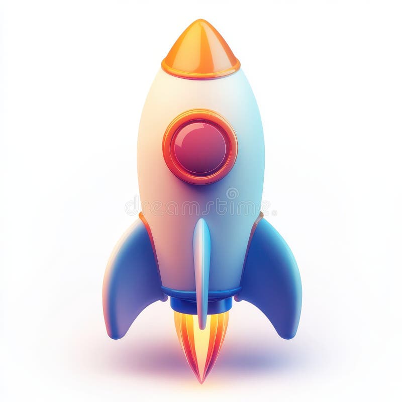 3D Blue Cartoon Rocket with Flames on White Background, Spacecraft ...