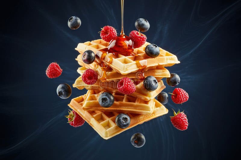 Golden Waffle Stack with Maple Syrup, Raspberries, Blueberries Floating ...