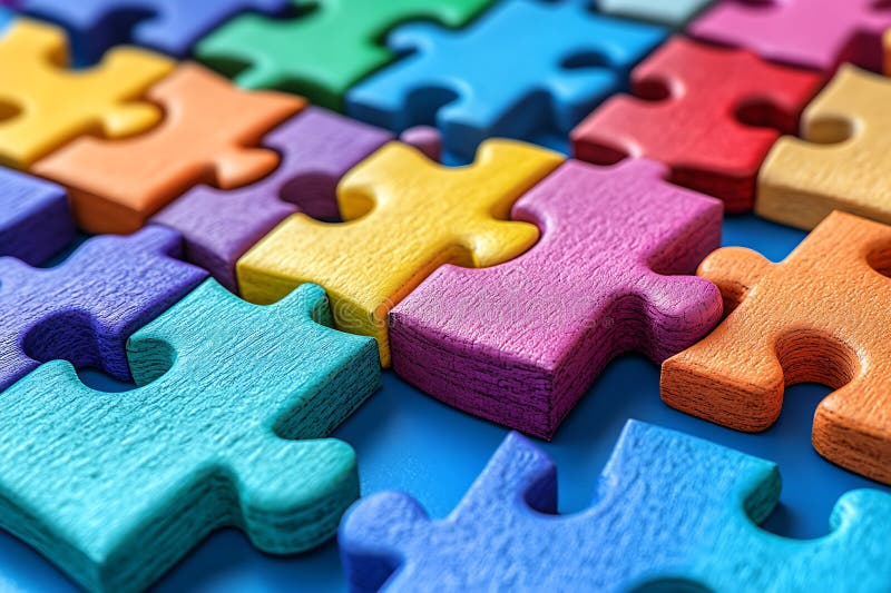 Interlocked Vibrant Puzzle Pieces on Blue Surface Closeup Abstract ...