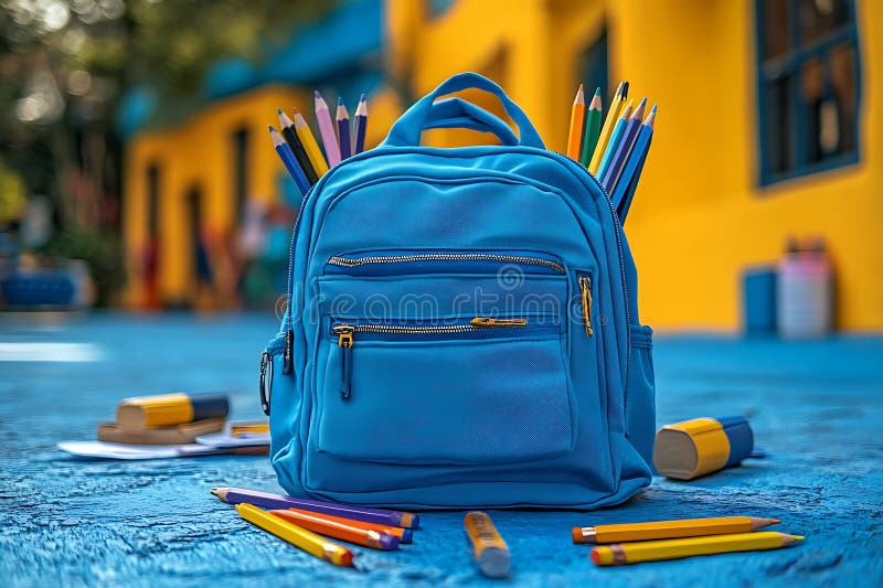Bright Blue Backpack Overflowing with Colorful Pencils on a Textured ...