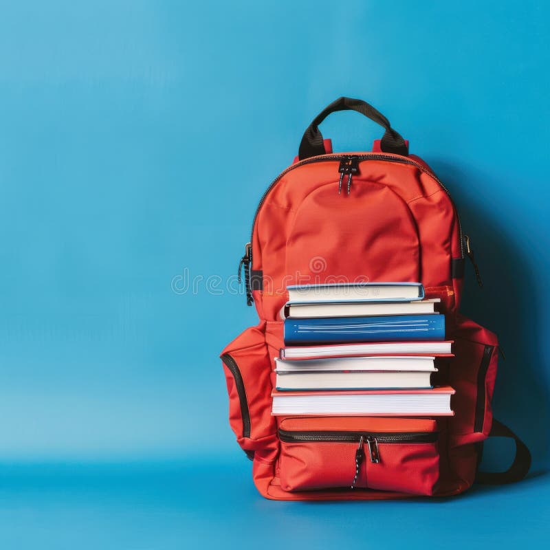 Red Backpack Stacked with Books on Blue Background Education Still Life ...