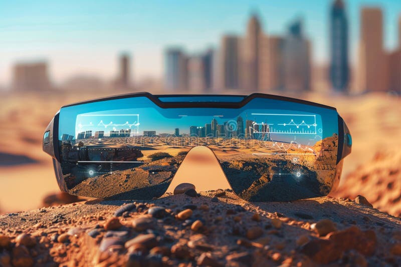 Futuristic VR Glasses Displaying a Cityscape and Data Overlay on Sandy ...