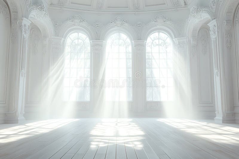 Elegant White Hallway with Arched Windows and Sunlight, Ornate Plaster ...