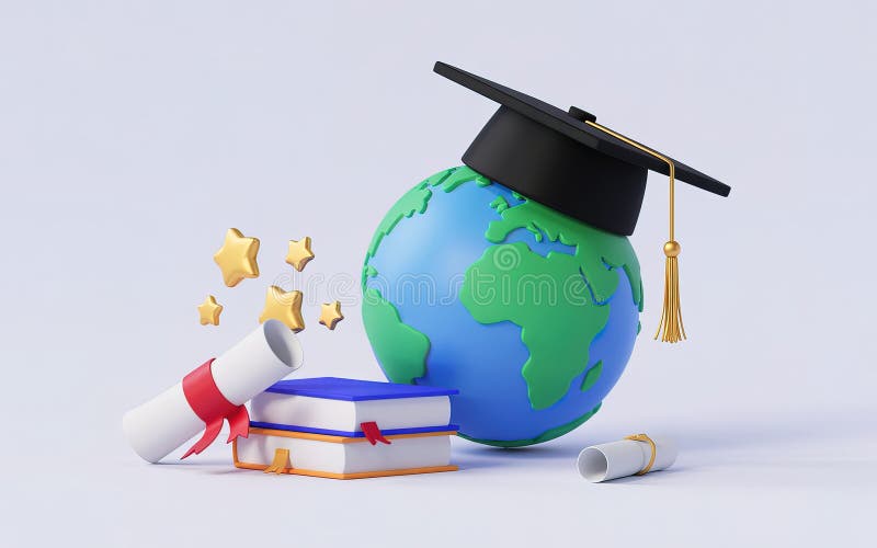 World Globe with Graduation Cap, Books and Certificate Scroll on Light ...