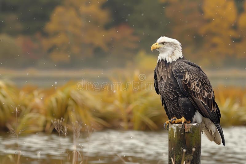 Featuring a this Bald Eagle is Sitting on a Post Near a Lake Stock ...