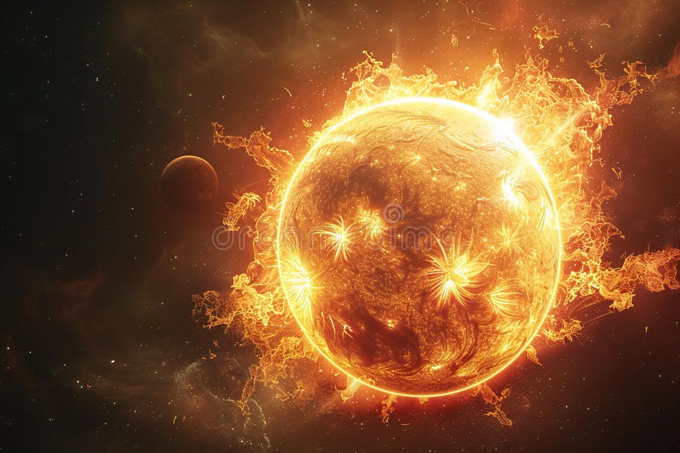 Featuring a Burning Sun with Flames on a Black Background. an Abstract ...