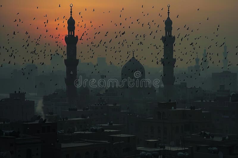 Featuring a Cairo at Sunset with Small Birds Flying Above the Buildings ...