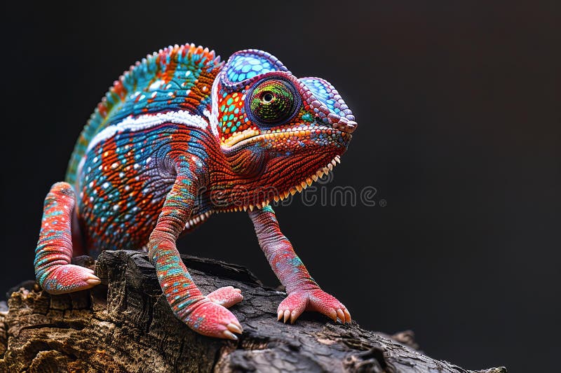 Featuring a Chameleon, on Top of Tree Trunk, Black Background, Hyper ...