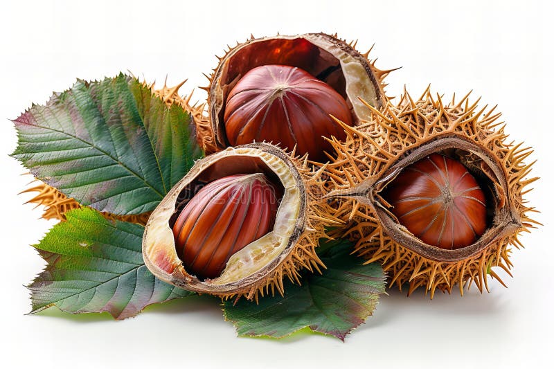 Featuring a Chestnut with Three Brown Shells and Green Leaves, Opened ...