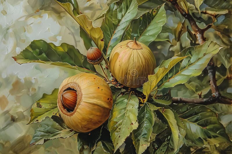 Featuring a Chestnut Tree with Green Leaves, the Fruit is Half Open and ...