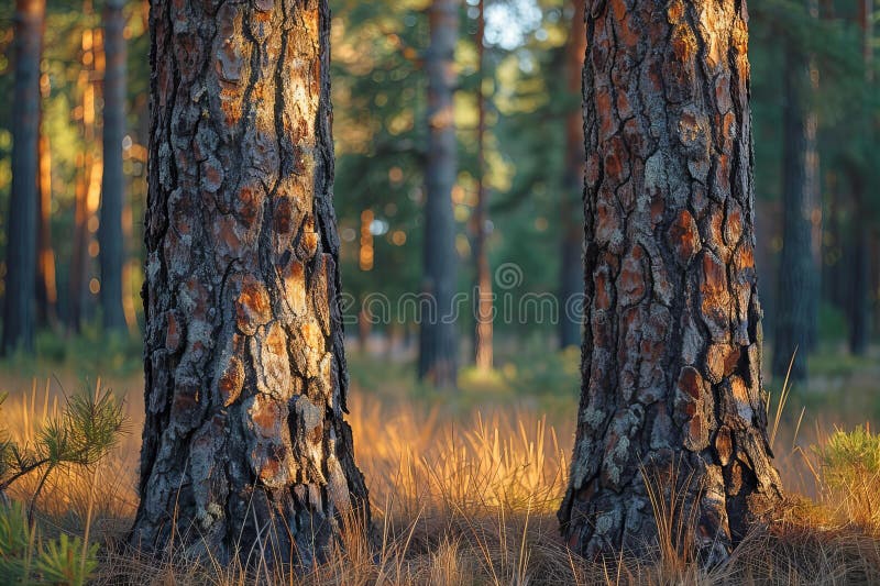 Featuring a Close Up of the Trunks and Bark of Two Pine Trees in an ...