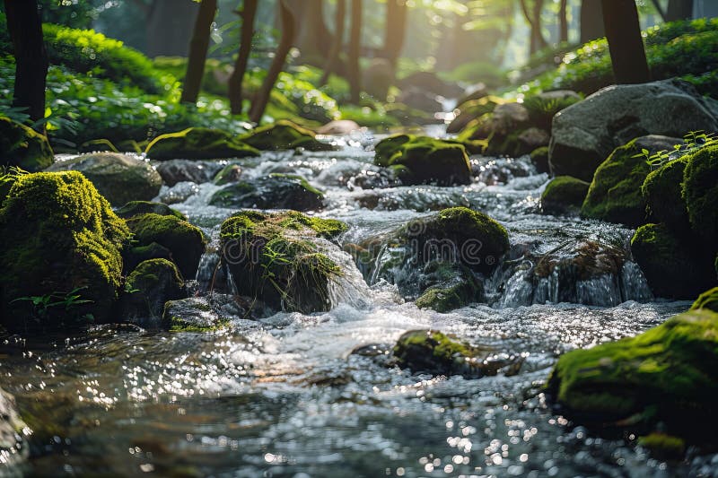 Featuring a Closeup of Flowing Water in an Outdoor Stream, Surrounded ...