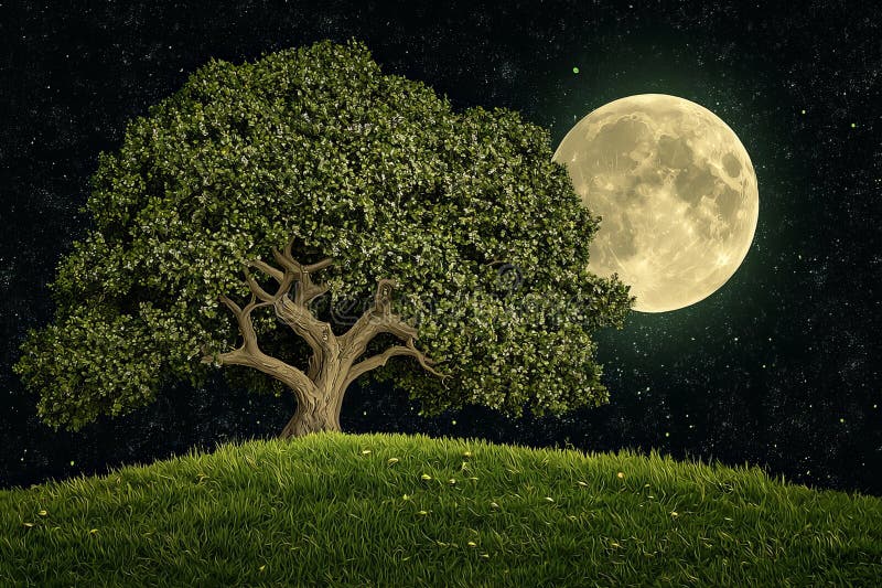 Featuring a Colorful Tree of Life and a Cyan Moon in the Background ...