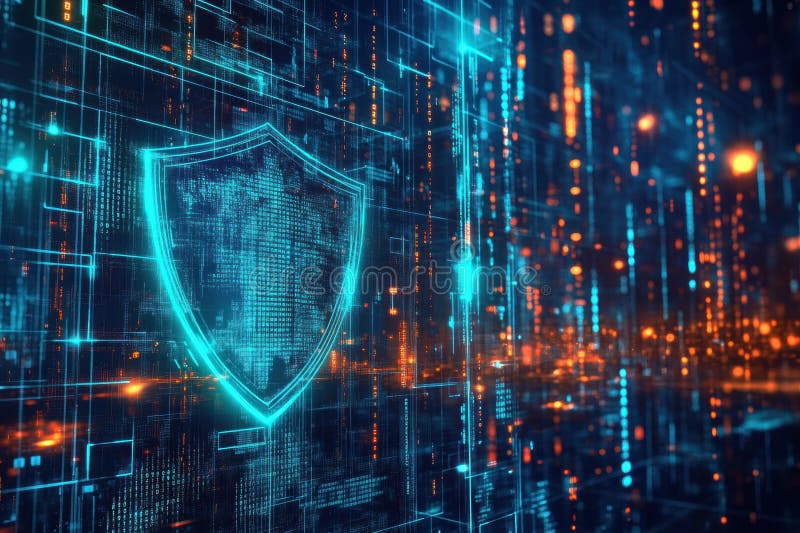 High-tech Cyberpolitical Background with Digital Shield and Glowing Binary Codes Over Futuristic ...