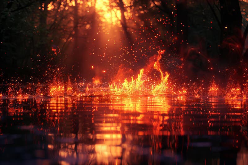Featuring a Fire in River, Reflection of Red Fire, Water Splash ...