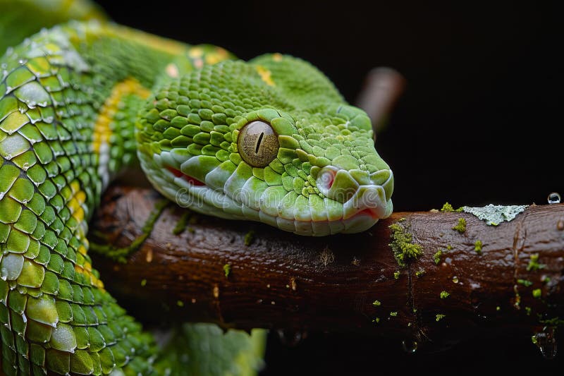 Featuring a Green Snake is Hanging from a Branch with Black Background ...