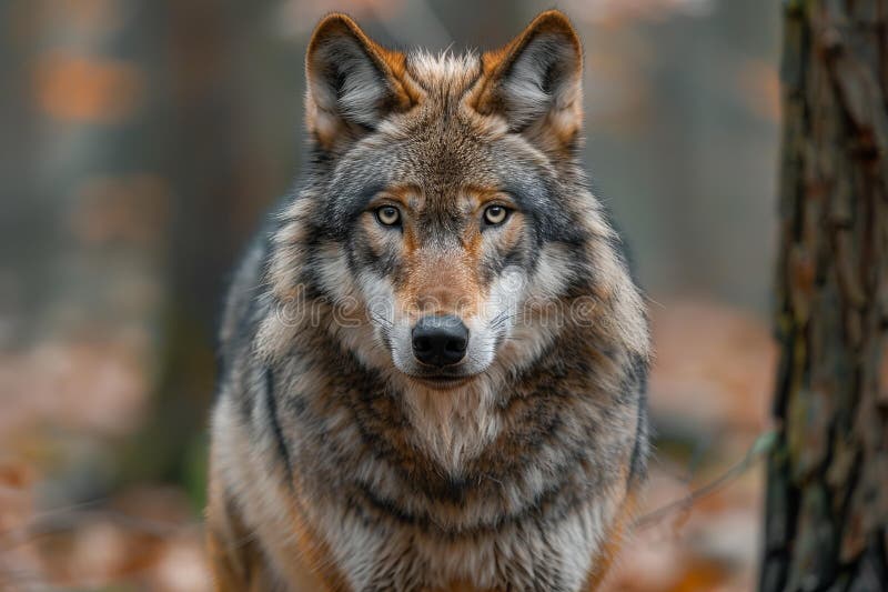 Featuring a Grey Wolf is Standing in the Forest Near Trees Stock ...