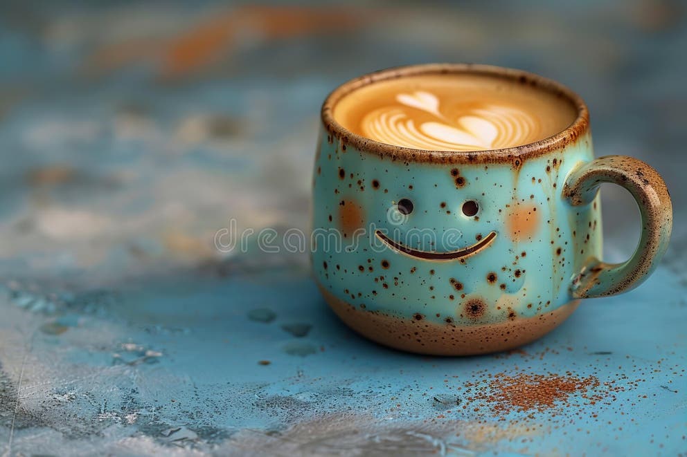 Featuring a Happy Coffee Cup on a Blue Surface with a Smiley Face Stock ...