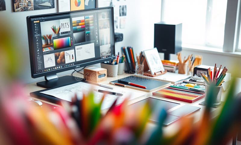 A Graphic Artist S Desk, Featuring a High-end Computer Drawing Tablets ...