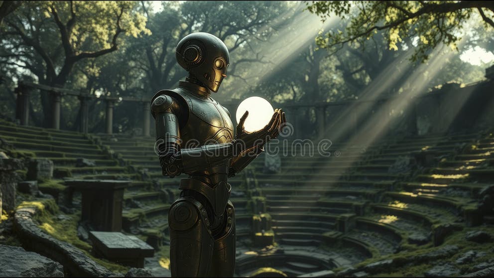 Advanced Robot in Historic Overgrown Site Stock Illustration ...