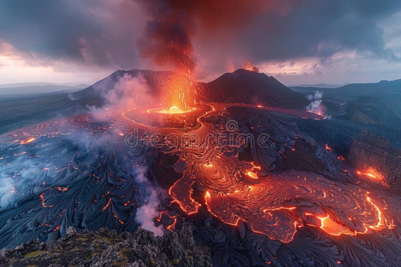 Featuring a Majestic Volcano Erupting, Surrounded Thick Lava Flows and ...