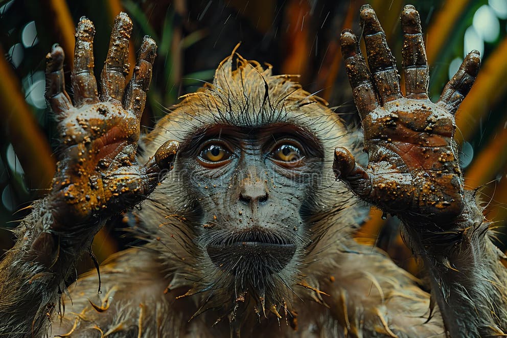 Featuring a Monkey in the Palm Tree Holding Two Hands Up in the Air ...